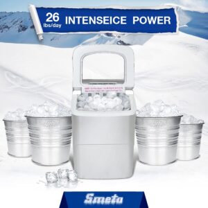 SMETA Bullet Pebble Ice Maker Machine Countertop, Chewable Nugget Ice Chip Maker Crushed Ice Machine Soft Chewy Ice Cubes Quick in 6-10mins, 26lbs/24H with Ice Scoop for Gift, Stainless Steel Silver