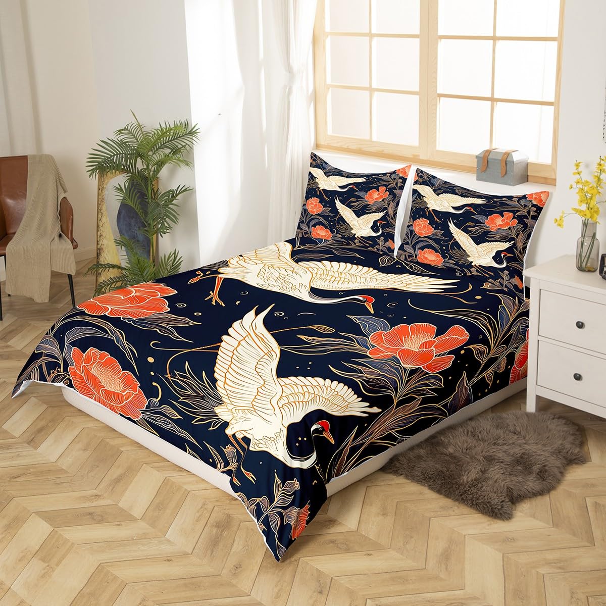 Erosebridal Floral Decor Duvet Cover Twin Navy Bird Flower Print Bedding Set Asian Style Decorative Duvet Cover Set Red-Crowned Crane Pattern Decor Comforter Bed Cover for Adult Women Teens Kids