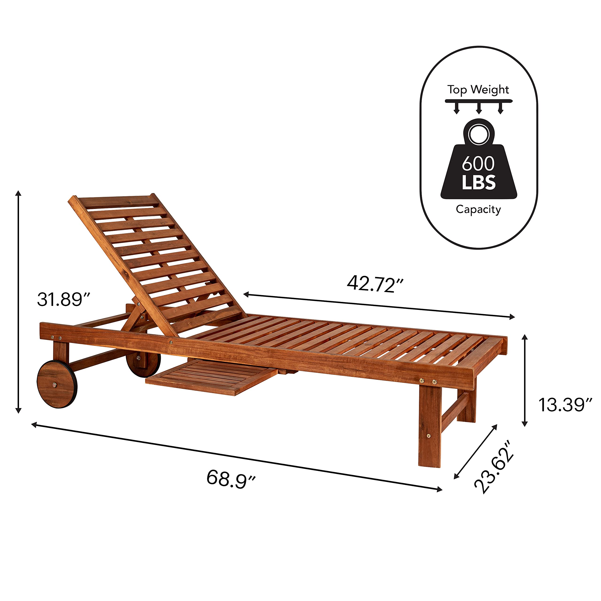 JONATHAN Y PAT1003A Seabrook 69 x 24 Inch Outdoor Acacia Wood Lounger with Cushion, 5-Position Back, Slide Table & Wheels for Garden, Lawn, Backyard, Pool, Deck, Beach, Firepit, Light Brown