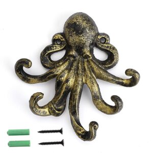 sumnacon 6 inch cast iron octopus decorative coat hook - wall mounted nautical hand towel rack holder with screws, rustic metal clothing hanger for bedroom/bathroom/kitchen/balcony, green bronze