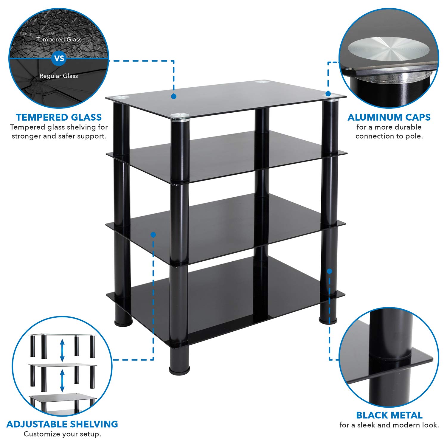 Mount-It! Tempered Glass AV Component Media Stand, Audio Tower and Media Center with 4 Shelves, 88 Lbs Capacity, Black Silk (MI-8670)