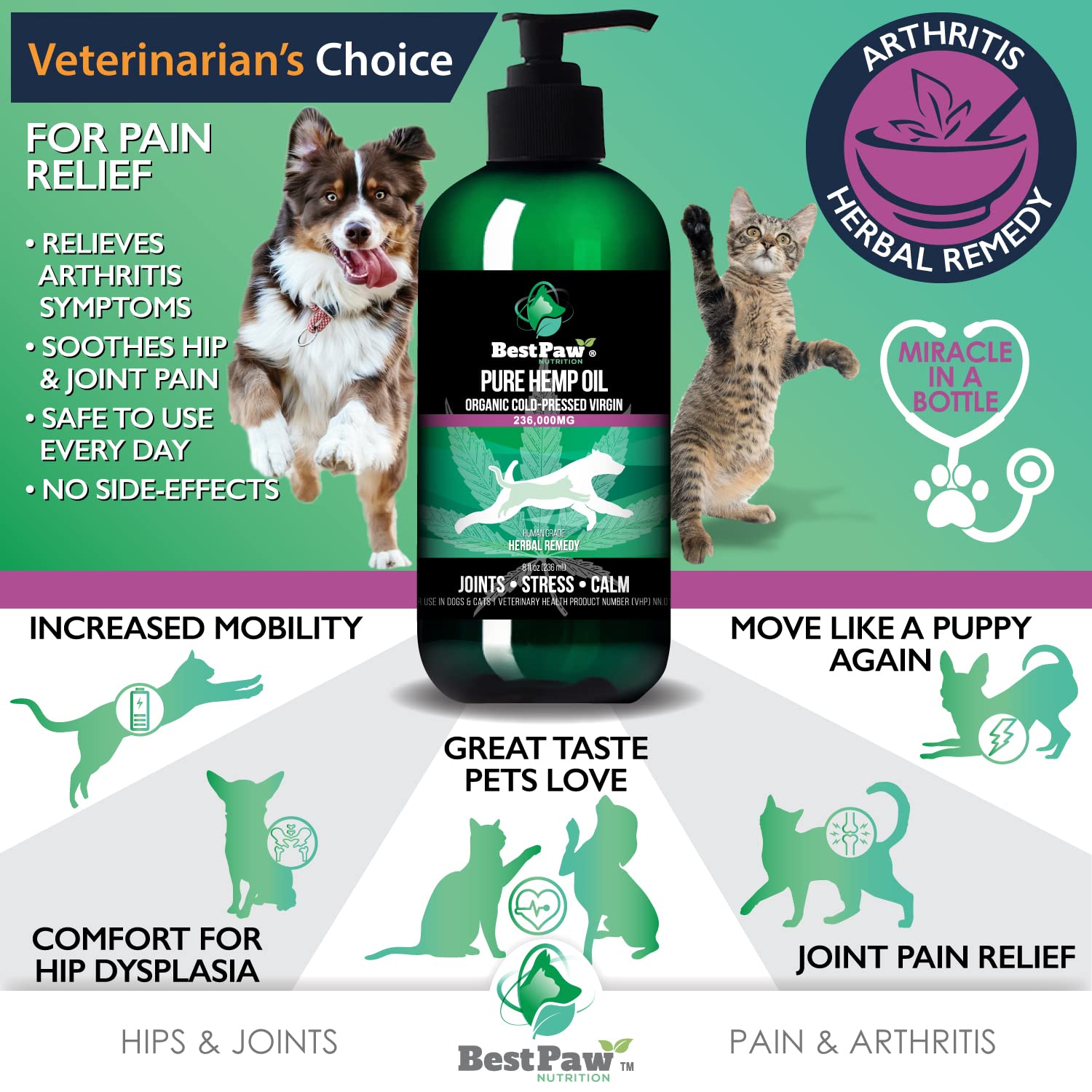 [236,000mg] Organic Hemp Oil for Dogs and Cats - Joint Pain Relief Arthritis Supplement - Natural Support for Separation Relief - Calming Aid Pets Love - from Canadian Crops - 8oz