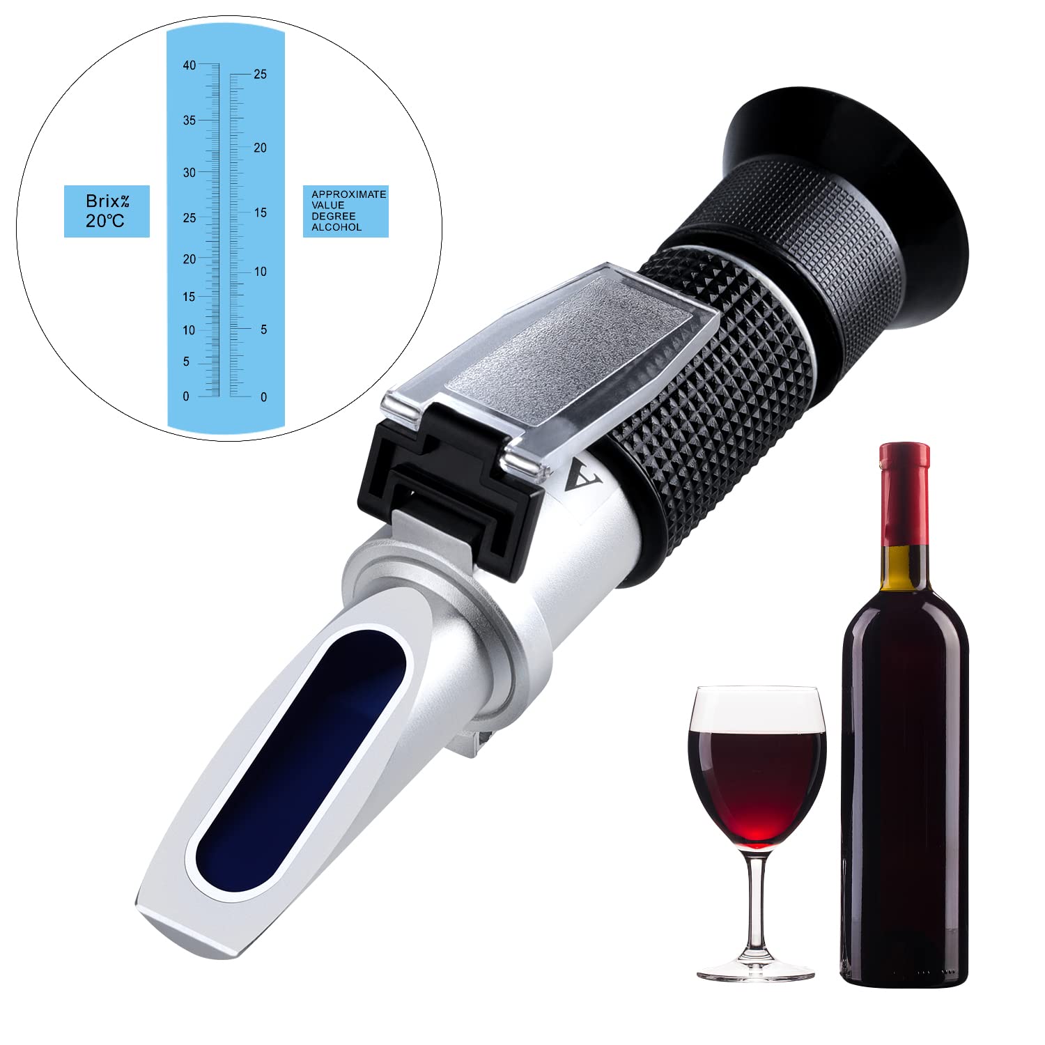 Wine Refractometer for Grape Wine Brewing, Brix Wine Refractometer for Measuring Sugar Content in Original Grape Juice & Predicting Wine Alcohol Degree, Dual Scale of Brix 0-40% and Alcohol 0-25% vol