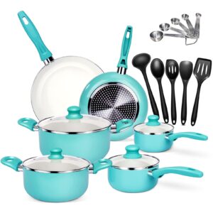 masthome 16 piece ceramic nonstick cookware set,soft grip healthy pots and pans set with lids and utensils for kitchen,pfas-free, dishwasher safe-tiffany blue extra spoons and silicone spatula set