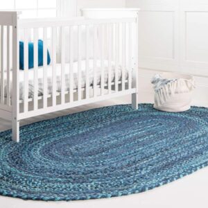 Unique Loom Braided Chindi Collection Area Rug - Layer (3' 3" x 5' 1" Oval, Blue/ Navy Blue)