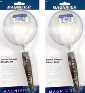 magnivision magnifier double strength bifocal lens 3 inch sturdy metal handheld magnifying glass (pack of 2)