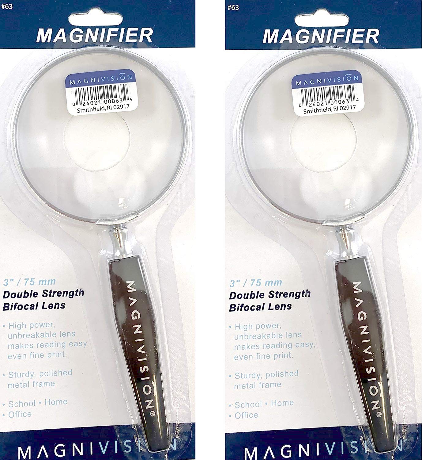 Magnivision Magnifier Double Strength Bifocal Lens 3 inch Sturdy Metal Handheld Magnifying Glass (Pack of 2)