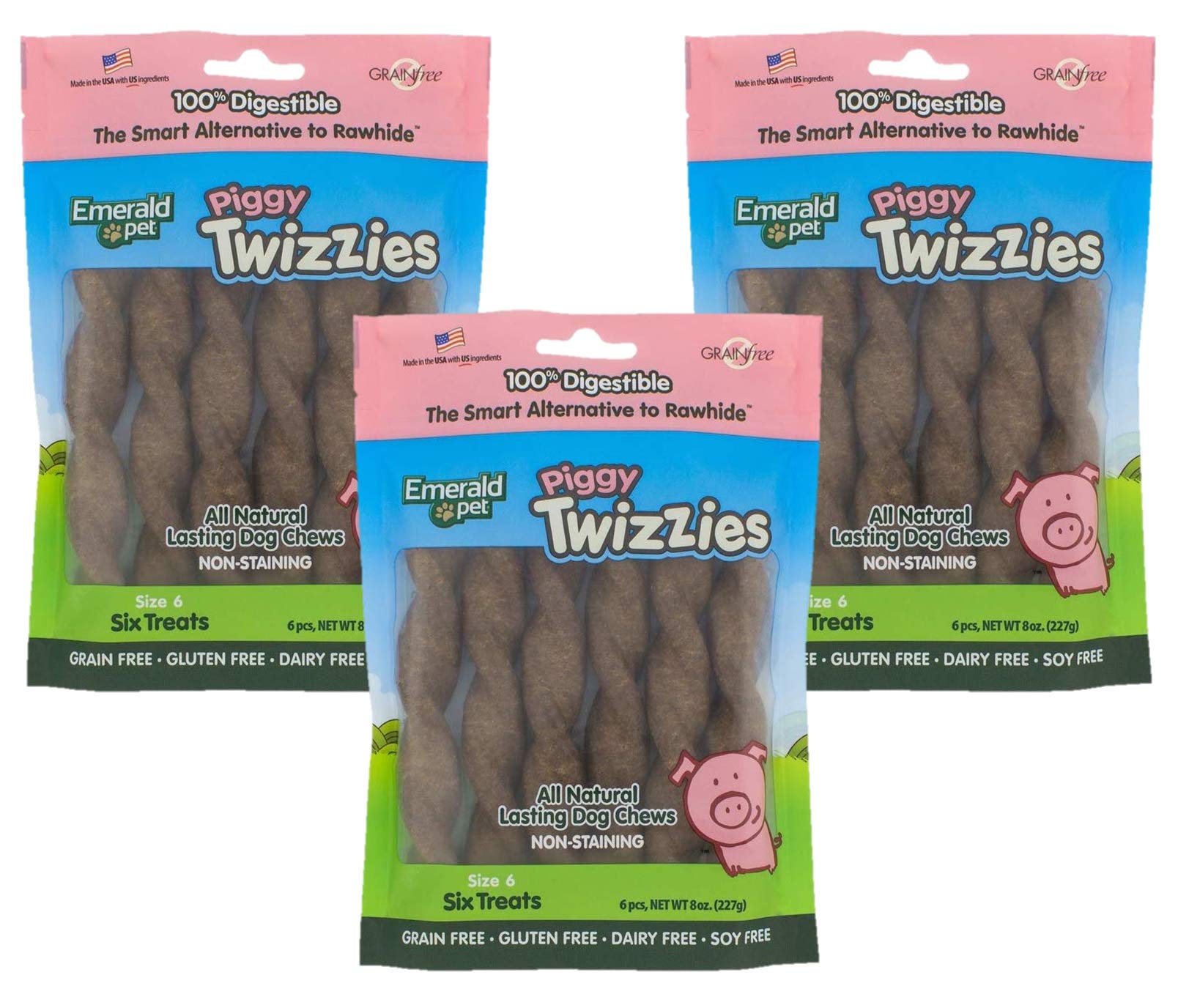 Emerald Pet 3 Bags of Piggy Twizzies, 8 Ounces, Dairy- Soy- Gluten- and Grain-Free Dog Chews3