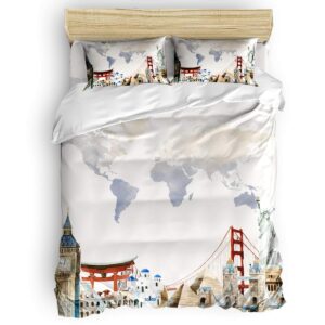 duvet cover set, 4 pieces ultra soft breathable zipper closure bedding set,travel theme world map statue of liberty, pyramid, golden gate bridge, japan miyajima, london big ben queen, 90 by 92 inch