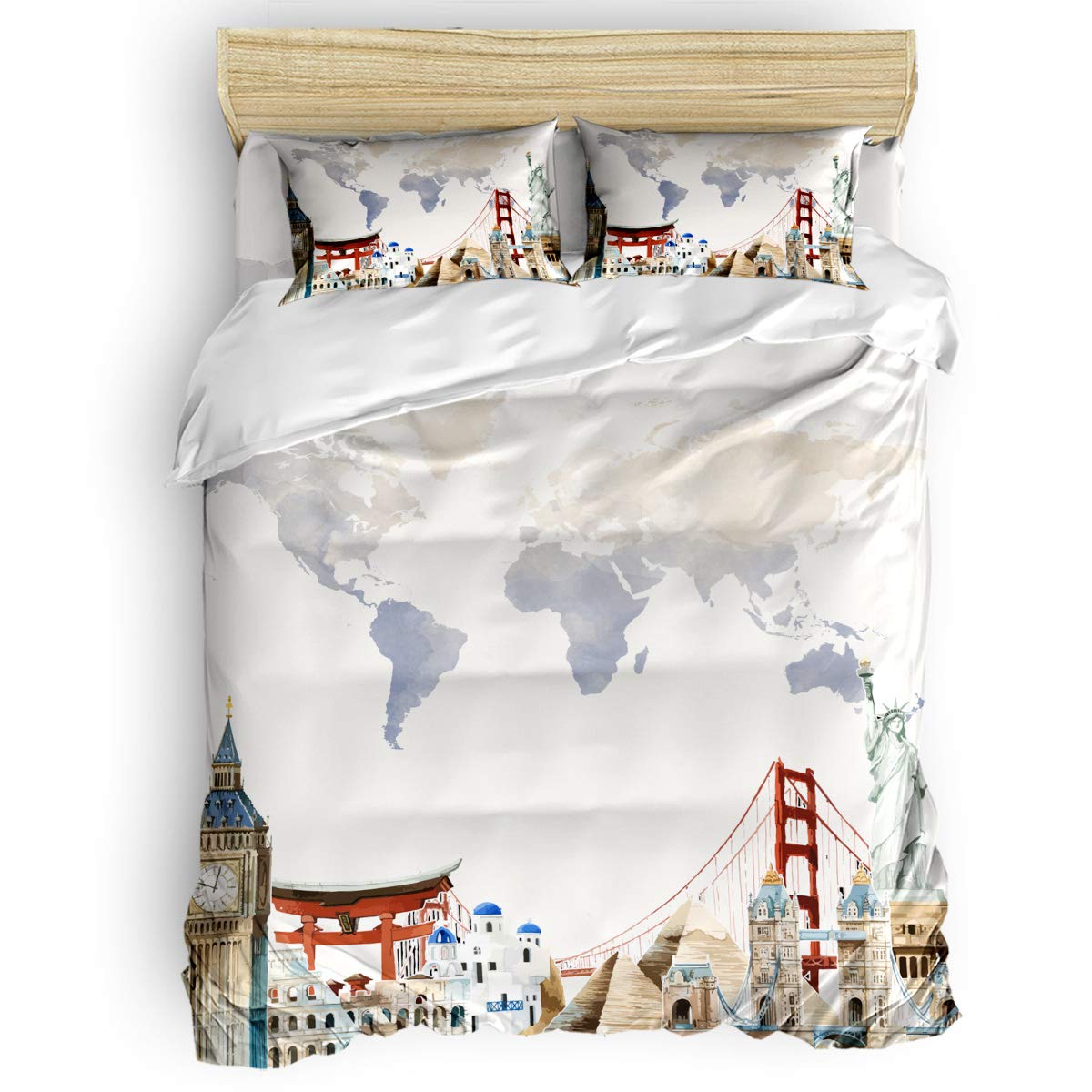 Duvet Cover Set, 4 Pieces Ultra Soft Breathable Zipper Closure Bedding Set,Travel Theme World Map Statue of Liberty, Pyramid, Golden Gate Bridge, Japan Miyajima, London Big Ben Queen, 90 by 92 inch