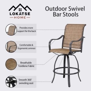 LOKATSE HOME 2 Piece Bar Height Patio Chairs Outdoor Swivel Stools Set Furniture Metal Frame, Khaki Tesling Fabric