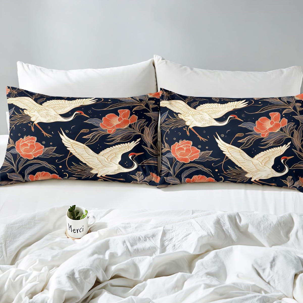 Erosebridal Floral Decor Duvet Cover Twin Navy Bird Flower Print Bedding Set Asian Style Decorative Duvet Cover Set Red-Crowned Crane Pattern Decor Comforter Bed Cover for Adult Women Teens Kids