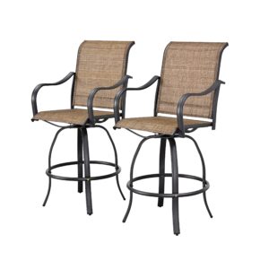 lokatse home 2 piece bar height patio chairs outdoor swivel stools set furniture metal frame, khaki tesling fabric