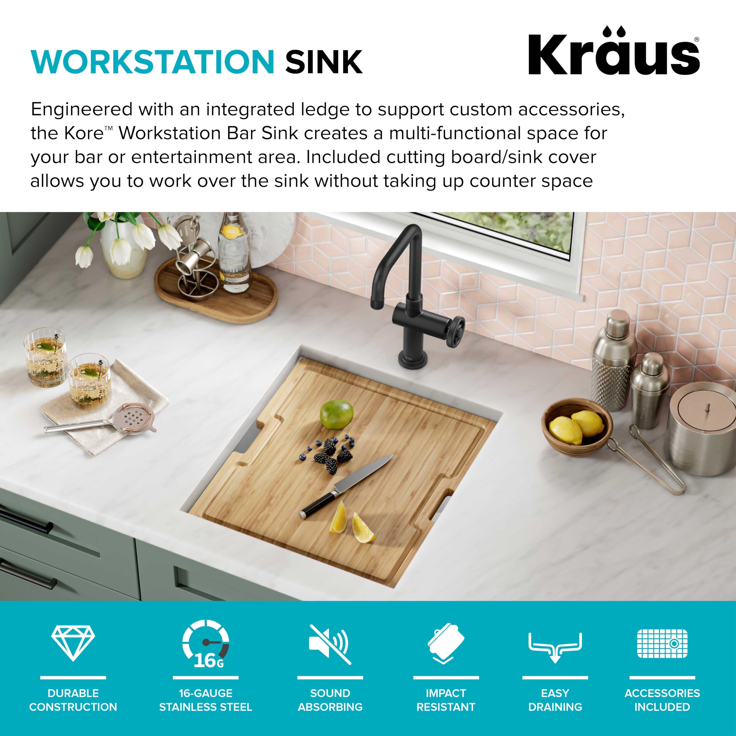 KRAUS Kore 17-Inch Undermount Workstation 16 Gauge Single Bowl Stainless Steel Bar Kitchen Sink with Accessories, KWU111-17