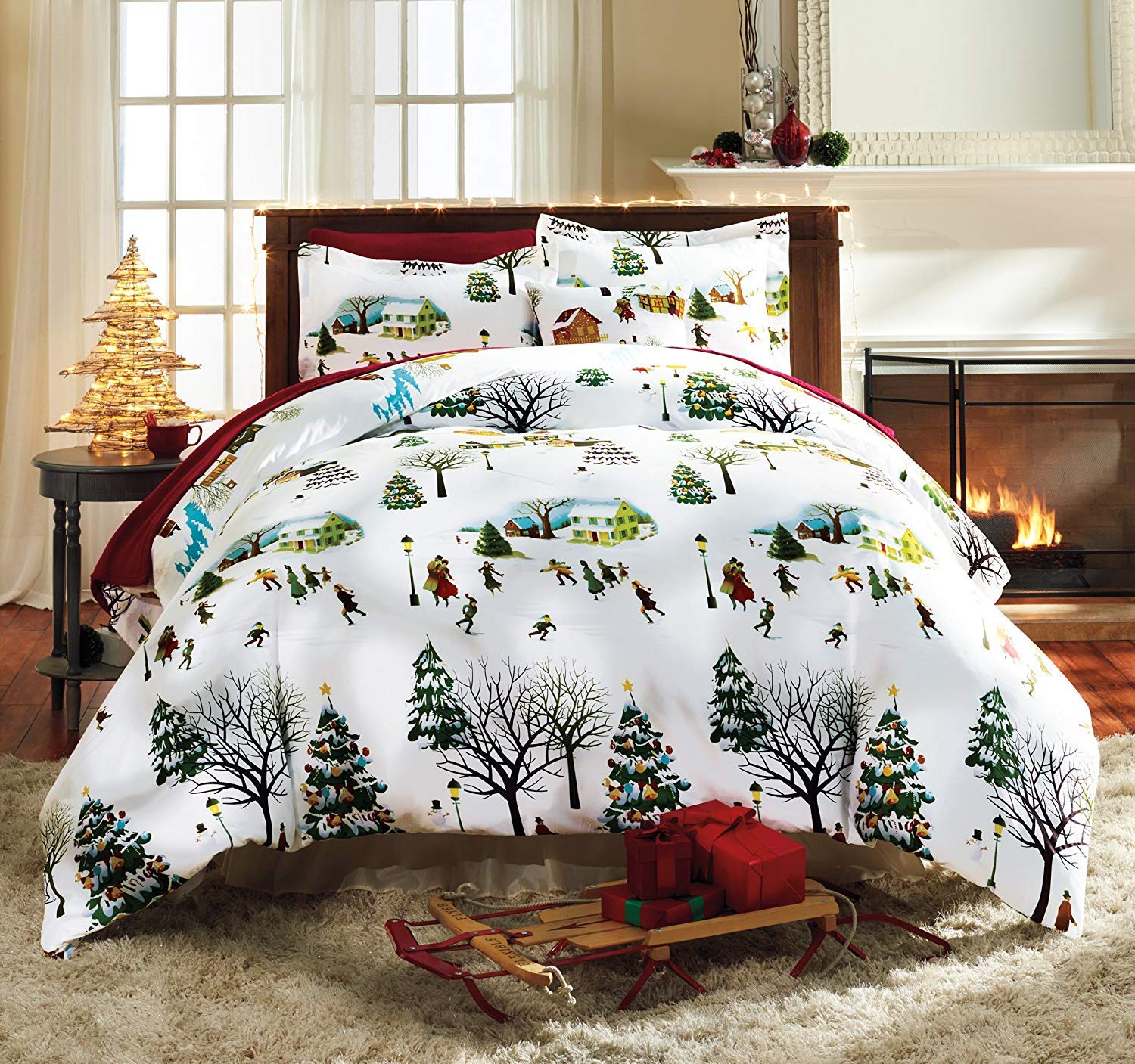 Bits and Pieces - Christmas Village King Duvet Bedding Set - Soft Microfiber Reversible Comforter Cover, Christmas Printed Pattern, Easy-Care with Matching Standard Shams