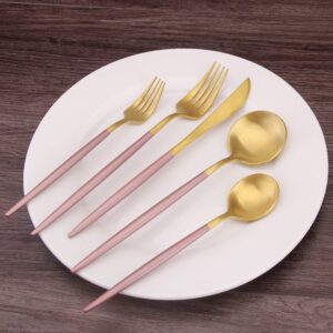 Matte Gold Silverware Set with pink handle, Bysta 5-Piece Stainless Steel Flatware Set, Kitchen Utensil Set Service for 1, Tableware Cutlery Set for Home and Restaurant, Satin Finish, Dishwasher Safe