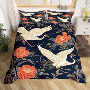 erosebridal floral decor duvet cover twin navy bird flower print bedding set asian style decorative duvet cover set red-crowned crane pattern decor comforter bed cover for adult women teens kids