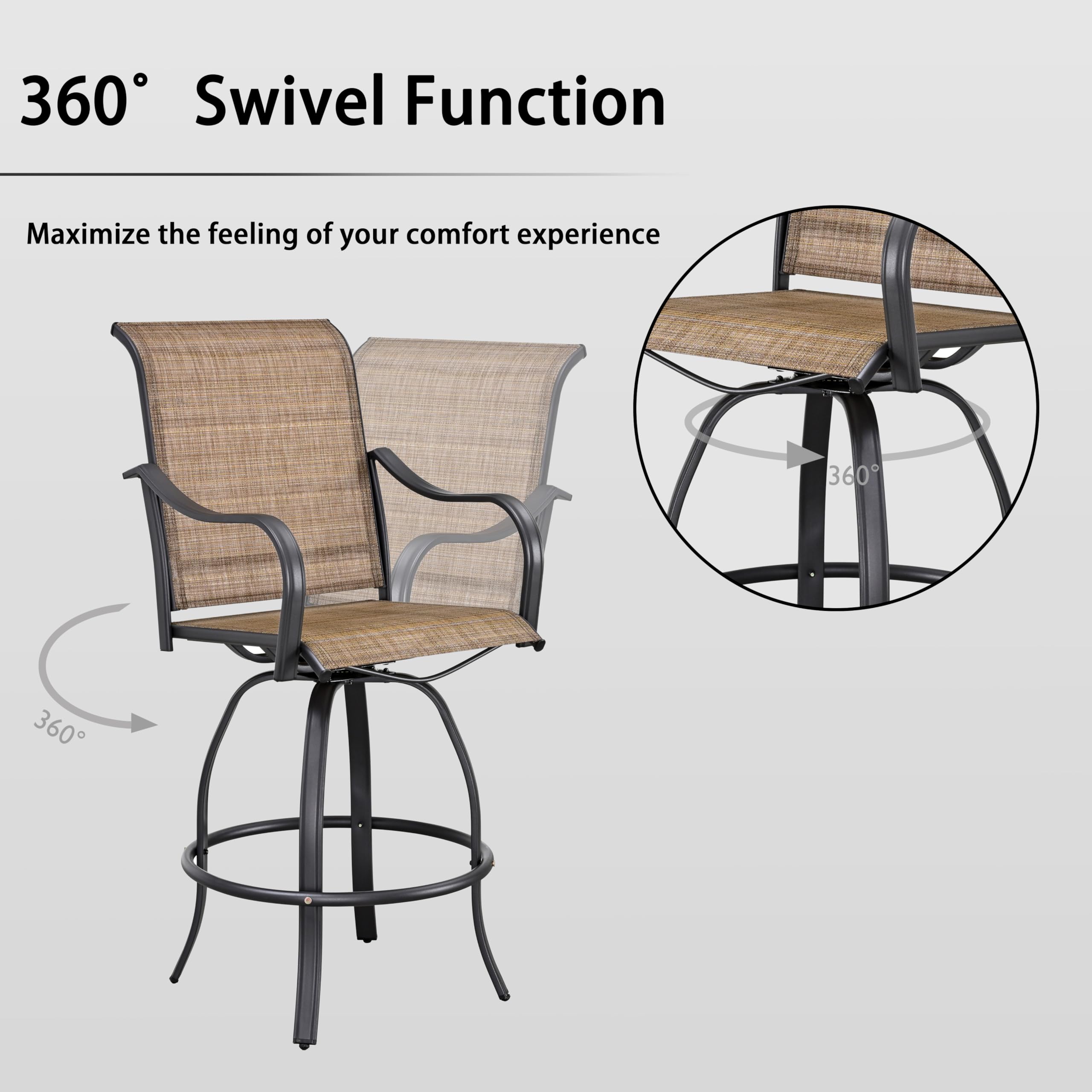 LOKATSE HOME 2 Piece Bar Height Patio Chairs Outdoor Swivel Stools Set Furniture Metal Frame, Khaki Tesling Fabric