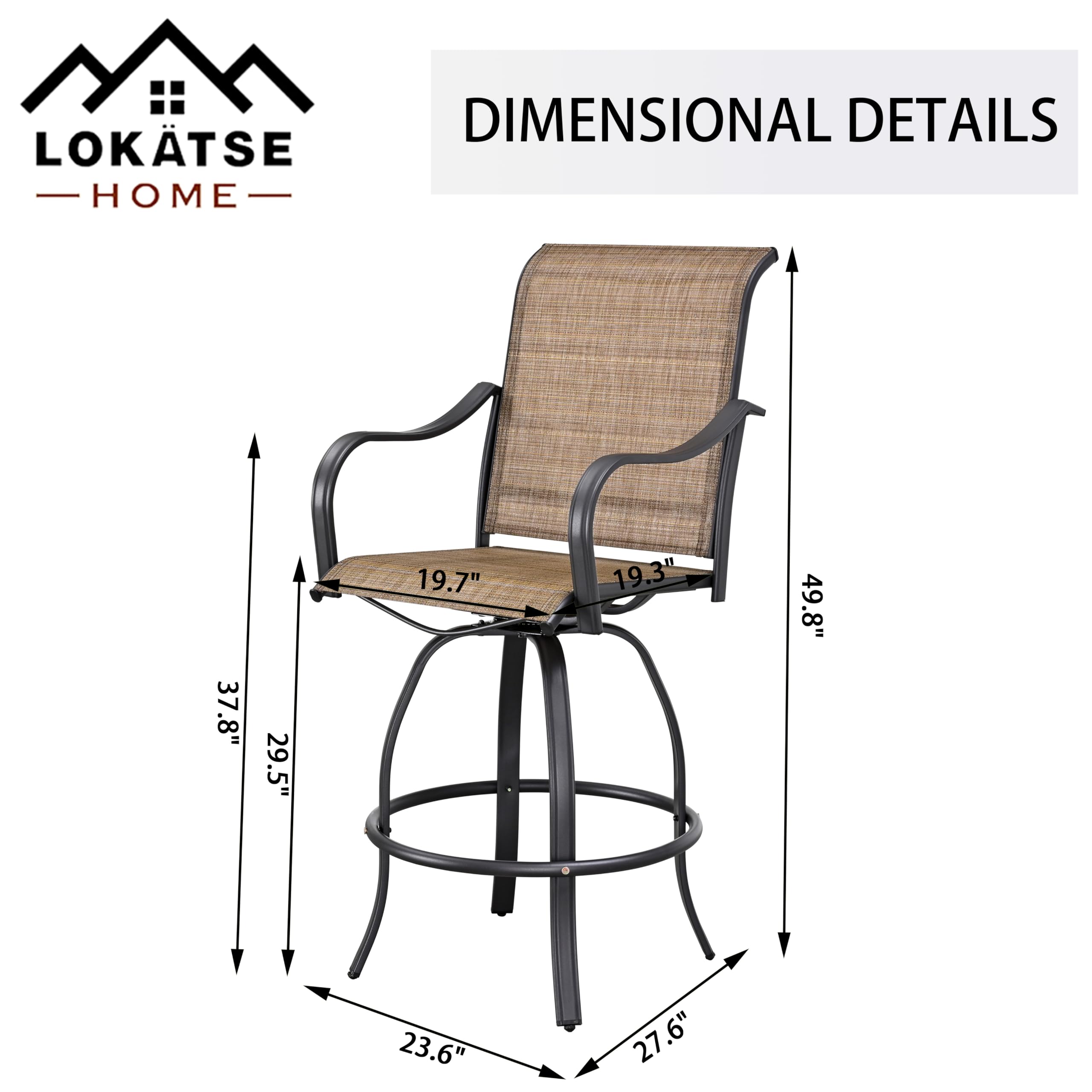 LOKATSE HOME 2 Piece Bar Height Patio Chairs Outdoor Swivel Stools Set Furniture Metal Frame, Khaki Tesling Fabric