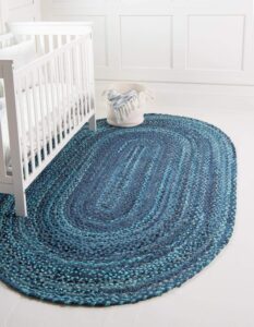 unique loom braided chindi collection area rug - layer (3' 3" x 5' 1" oval, blue/ navy blue)