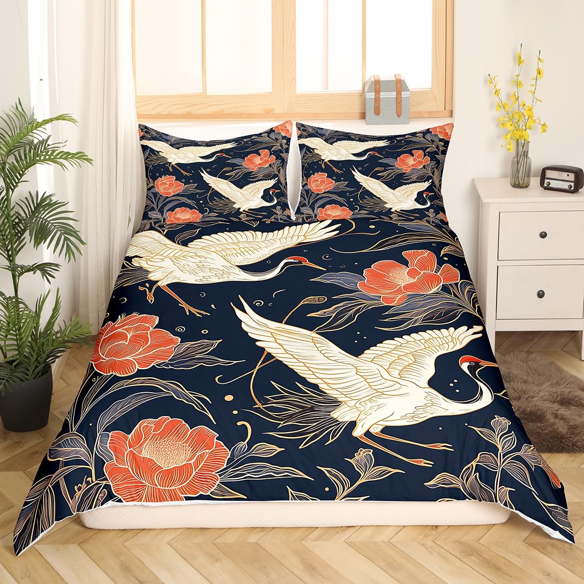 Erosebridal Floral Decor Duvet Cover Twin Navy Bird Flower Print Bedding Set Asian Style Decorative Duvet Cover Set Red-Crowned Crane Pattern Decor Comforter Bed Cover for Adult Women Teens Kids