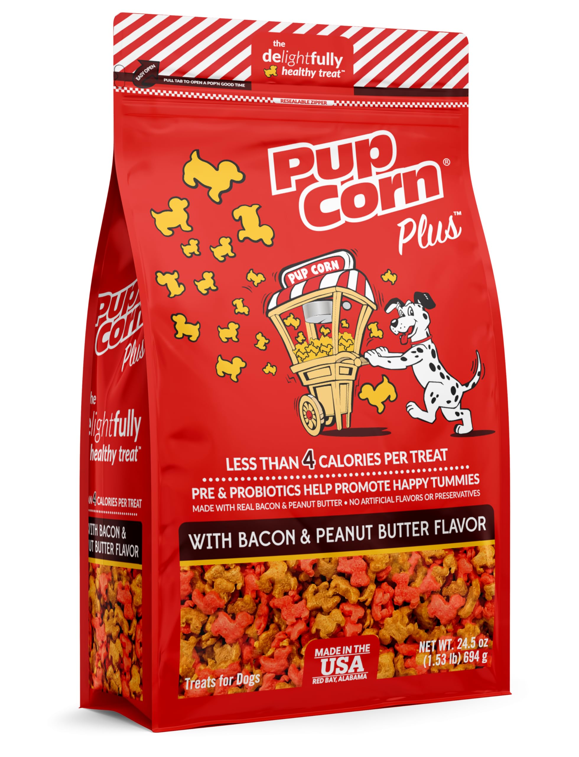 Pup Corn Plus - Puffed Dog Treats with Prebiotics and Probiotics - Bacon & Peanut Butter (24oz) - Made in USA