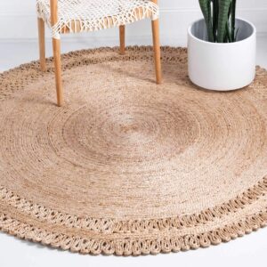 Unique Loom Braided Jute Collection Classic Quality Made Natural Hand Woven With Circle Swirl Details Area Rug, 4' 0 x 4' 0 Round