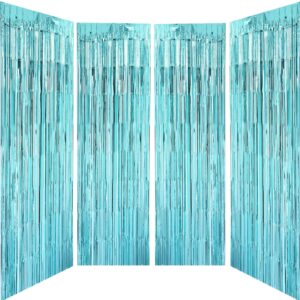 light blue metallic tinsel foil fringe curtains party streamers photo booth backdrop ocean theme birthday under the sea baby shower party wedding graduation new year party celebration decoration, 4pc