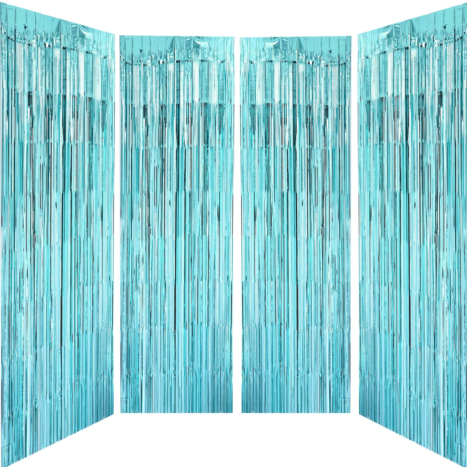 Light Blue Metallic Tinsel Foil Fringe Curtains Party Streamers Photo Booth Backdrop Ocean Theme Birthday Under The Sea Baby Shower Party Wedding Graduation New Year Party Celebration Decoration, 4PC