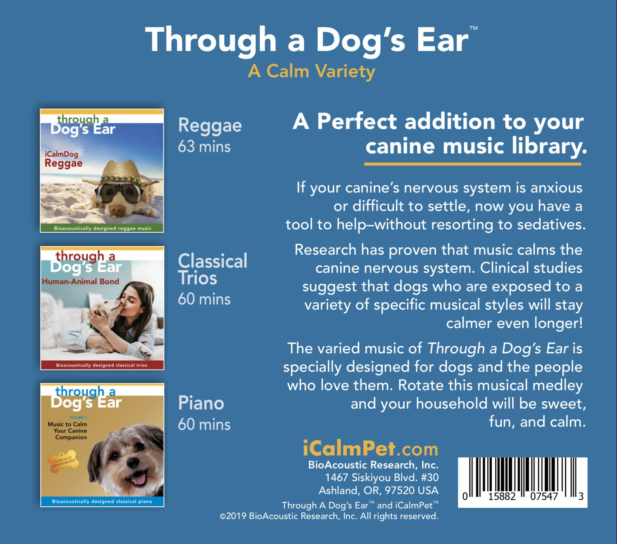 iCalmPet | Through a Dog's Ear: A Calm Variety |3-CD Box Set | 3-hrs | Reduces anxiety with solo piano, classical trios, and reggae rhythms to stay calmer longer