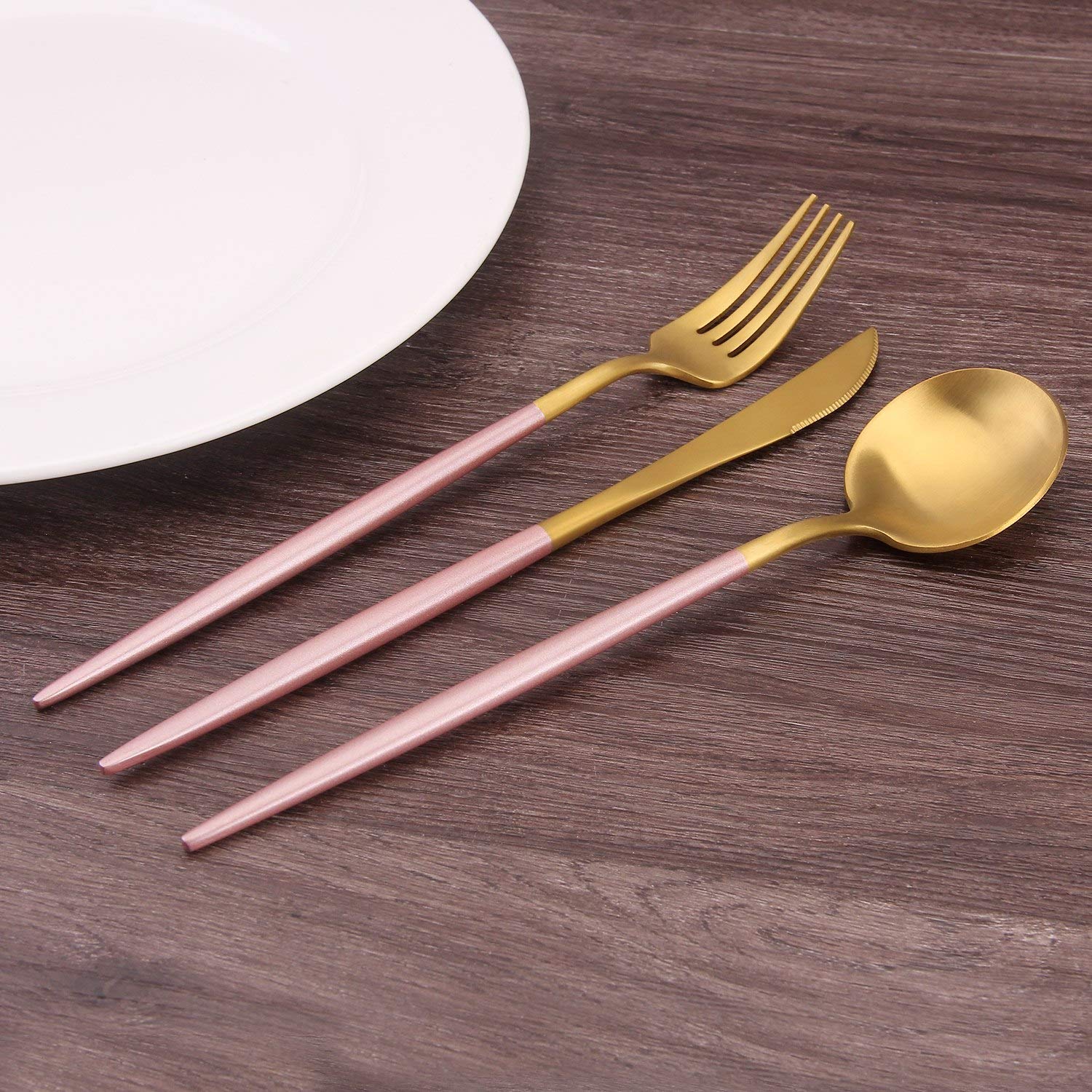 Matte Gold Silverware Set with pink handle, Bysta 5-Piece Stainless Steel Flatware Set, Kitchen Utensil Set Service for 1, Tableware Cutlery Set for Home and Restaurant, Satin Finish, Dishwasher Safe