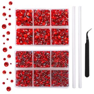 outuxed 5040pcs red flatback rhinestones for crafting, crystal round gems for nail art diy crafts halloween clothes bags, 6 mixed size hotfix rhinestones with tweezers and picking rhinestones pen