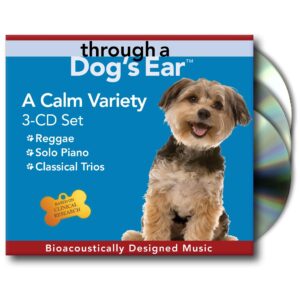 icalmpet | through a dog's ear: a calm variety |3-cd box set | 3-hrs | reduces anxiety with solo piano, classical trios, and reggae rhythms to stay calmer longer