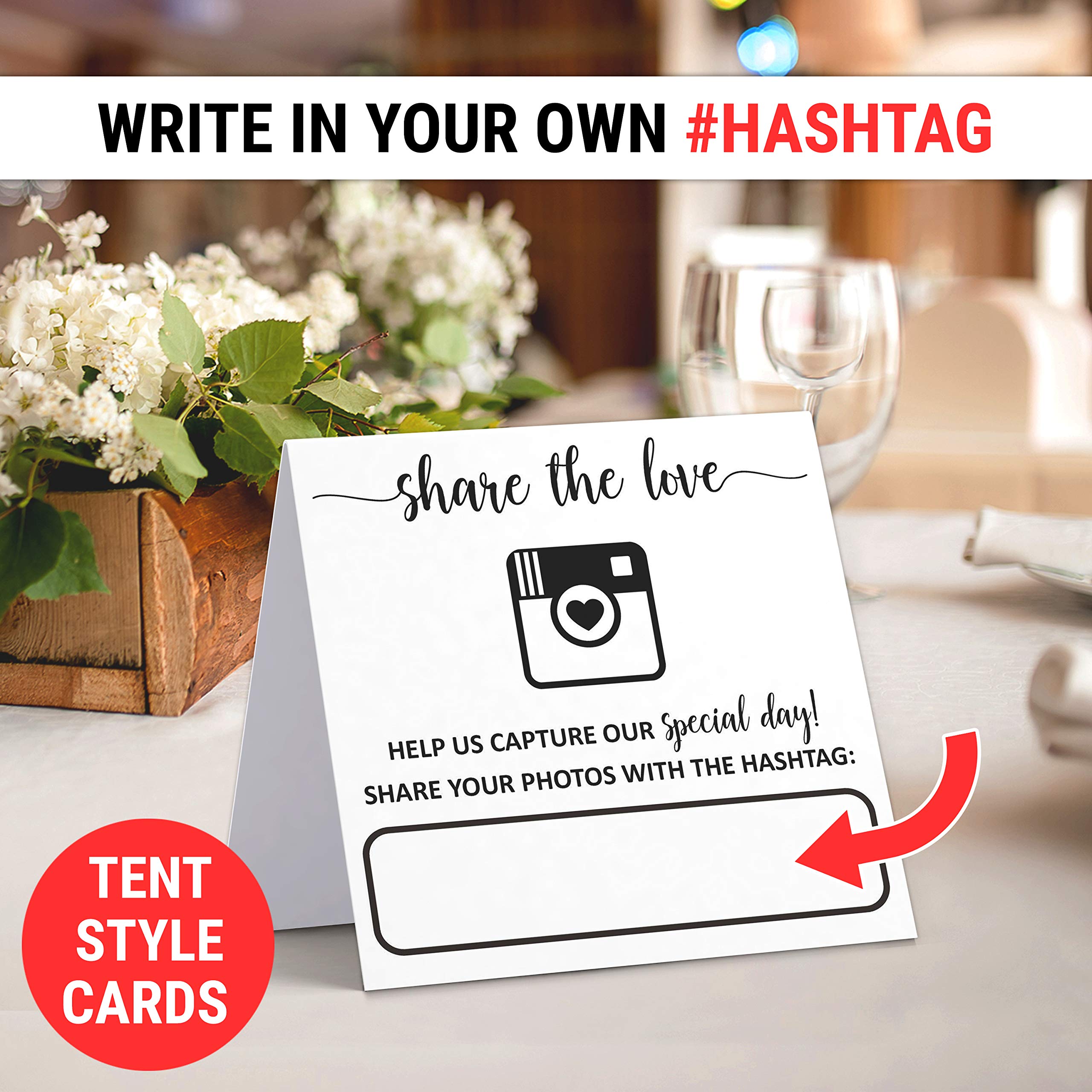 321Done Wedding Hashtag Signs 5x5 Folded, Made in USA - Tent Cards for Table Placecard - Square Write On Large Oh Snap Photo Share Love - Set of 10