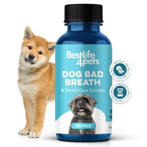 dog bad breath treatment & dog dental care solution - natural supplement for canine oral health - dog tooth pain relief, plaque control, gum disease, gingivitis - 400 odorless, tasteless pills