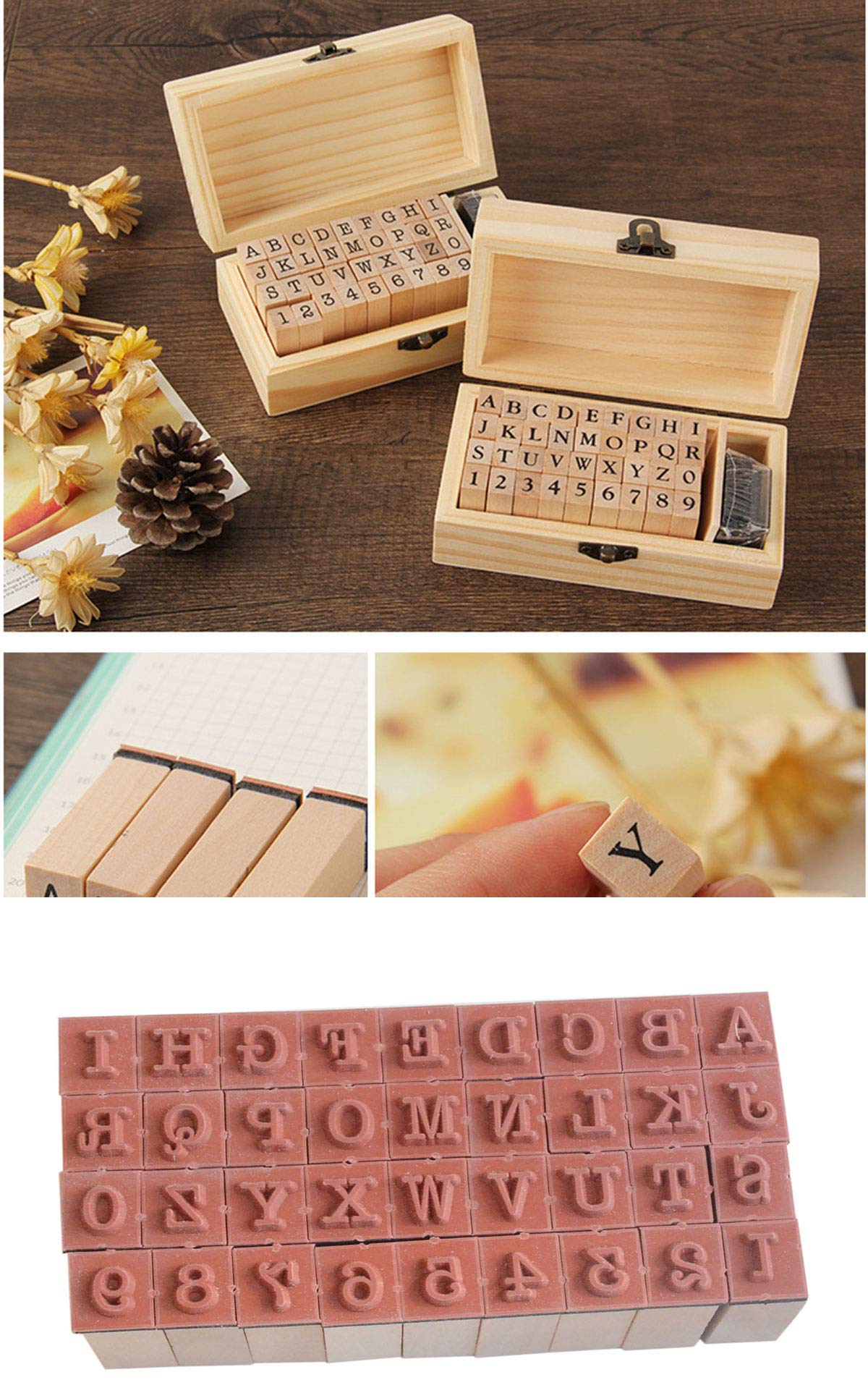 Pack of 36 Pcs Small Wooden Rubber Stamps 0.2 Inch of Letter and Number for DIY Craft Card and Photo Album (B)