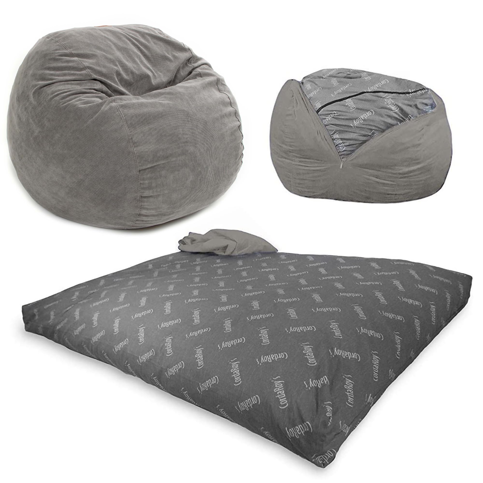 CordaRoy's Corduroy Bean Bag Chair, Convertible Chair Folds from Bean Bag to Lounger, As Seen on Shark Tank, Grey - Full Size