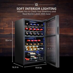 Ivation 33 Bottle Dual Zone Wine Cooler Refrigerator | Large Freestanding Wine Cellar For Red, White, Champagne & Sparkling Wine | 41f - 64f Touch Digital Temperature Control Fridge Glass Door Black