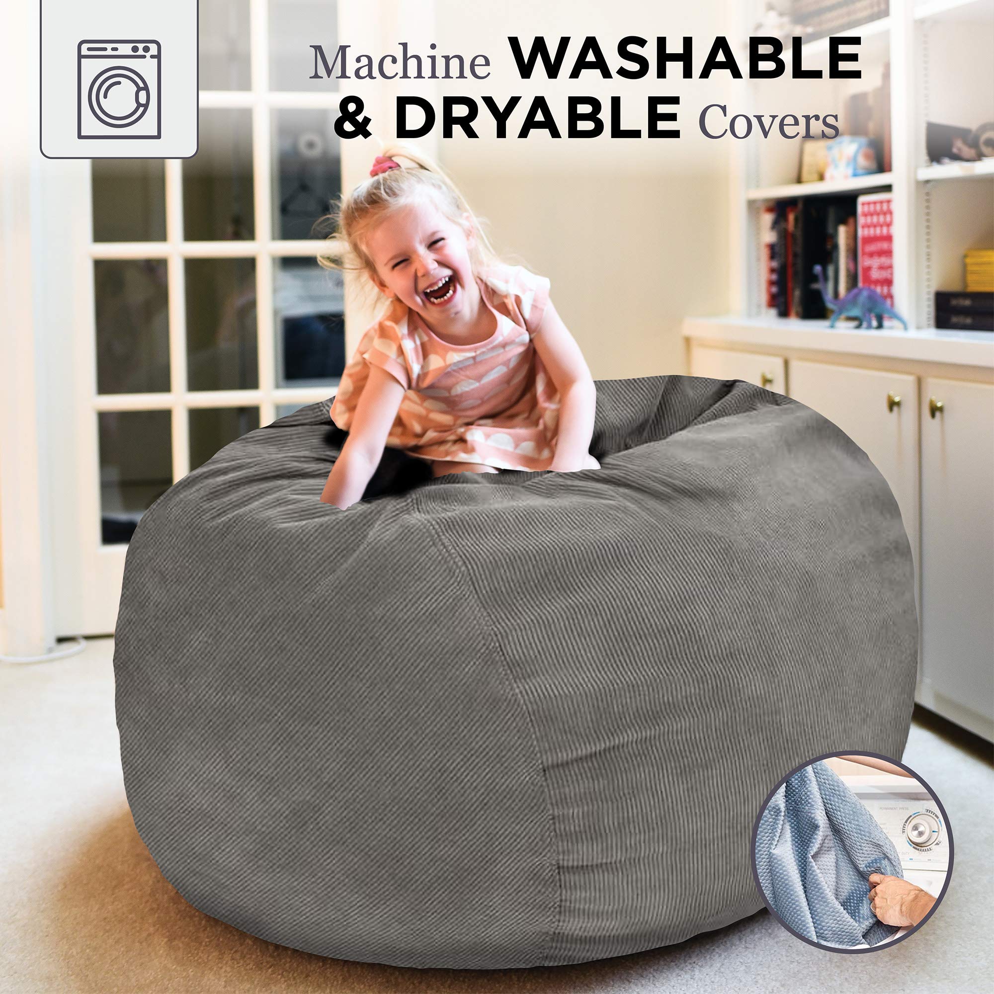 CordaRoy's Corduroy Bean Bag Chair, Convertible Chair Folds from Bean Bag to Lounger, As Seen on Shark Tank, Grey - Full Size