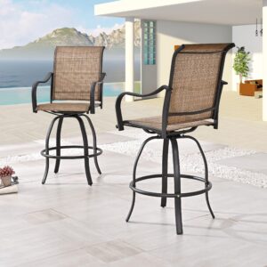 LOKATSE HOME 2 Piece Bar Height Patio Chairs Outdoor Swivel Stools Set Furniture Metal Frame, Khaki Tesling Fabric