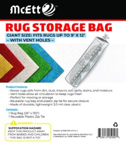 rug storage bag and zip tie - with vent holes - heavy duty - giant size fits rugs up to 9'x12' - protects rolled rugs for moving or storage