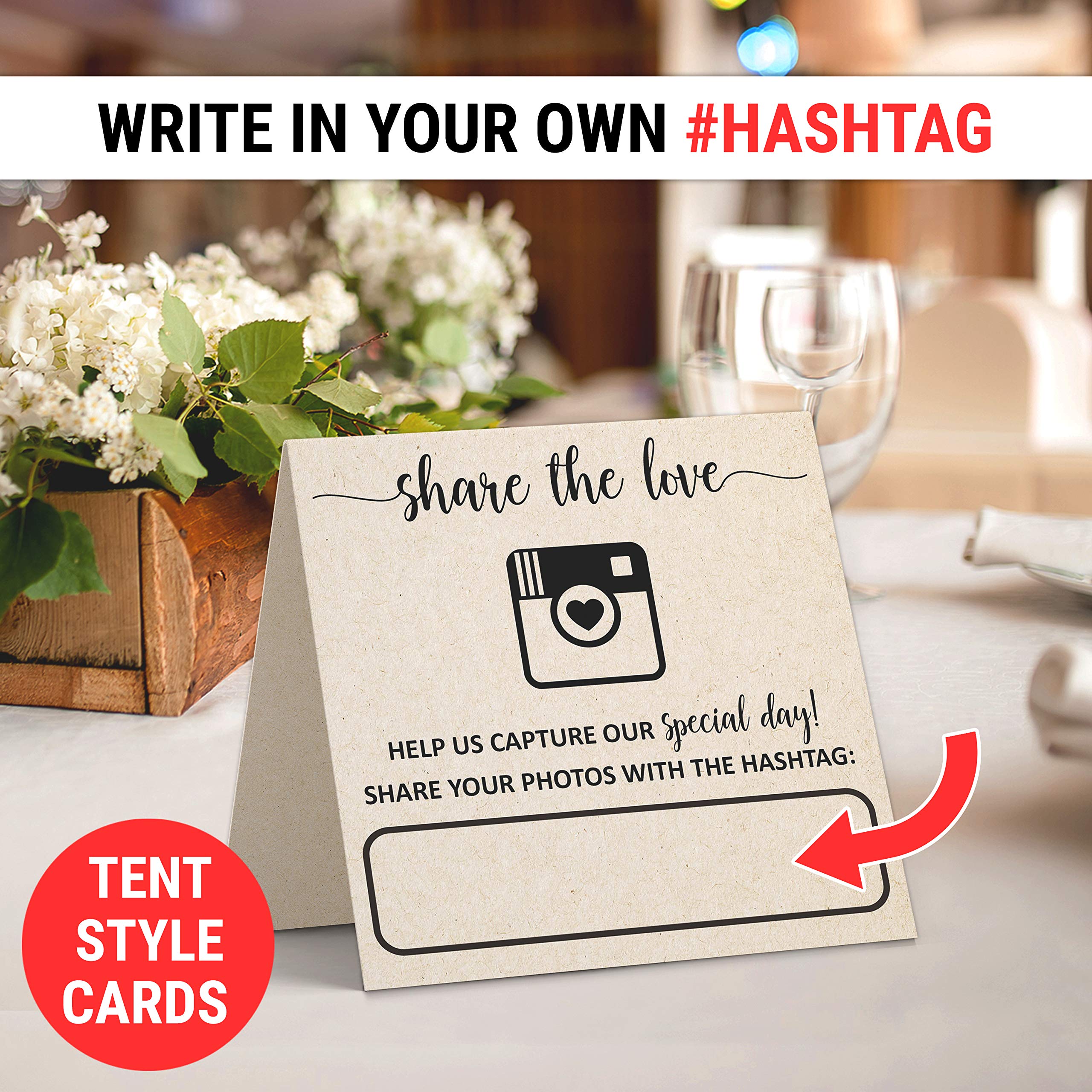 321Done Wedding Hashtag Signs 5x5 Folded, Made in USA - Rustic Kraft Tan Tent Cards for Table Placecard - Square Write On Large Oh Snap Photo Share Love - Set of 10