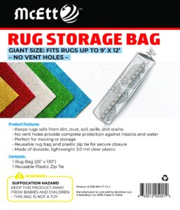 rug storage bag and zip tie - no vent holes - heavy duty - giant size fits rugs up to 9'x12' - protects rolled rugs for moving or storage