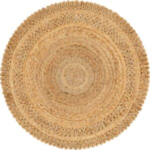 Unique Loom Braided Jute Collection Classic Quality Made Natural Hand Woven With Circle Swirl Details Area Rug, 4' 0 x 4' 0 Round