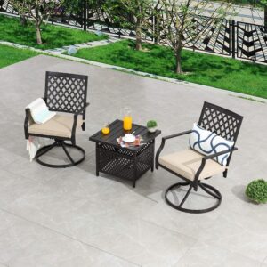 LOKATSE HOME 3 Pieces Patio Swivel Set Outdoor Metal Steel Furniture with 2 Dinning Chairs and Umbrella Side Square Table, Beige