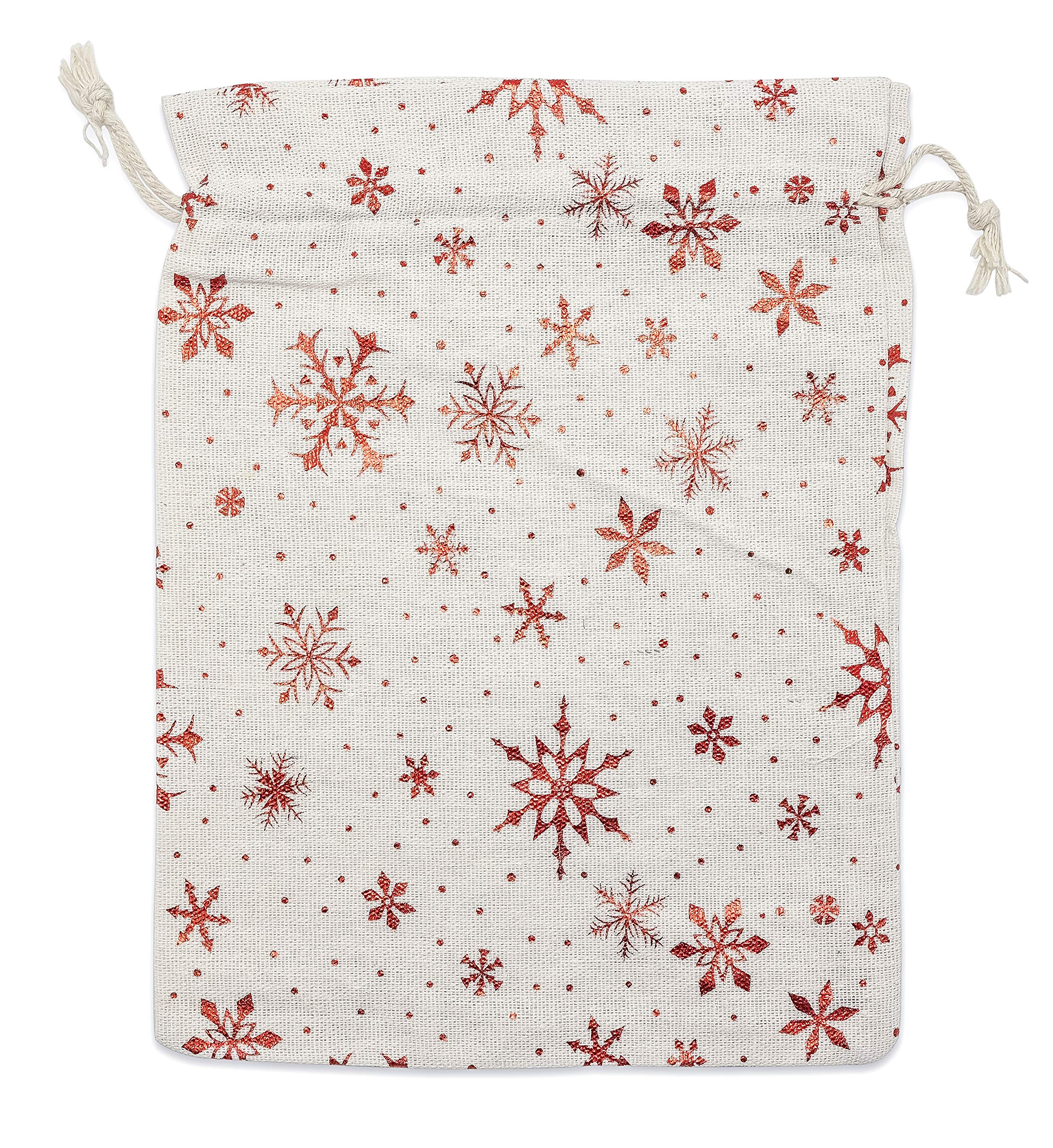 12-Pack 8x10 Reusable Cotton Canvas Muslin Gift Bags w. Drawstrings (Red Snowflakes, Large) - for Presents, Party Favors, Retail, Samples by TheDisplayGuys