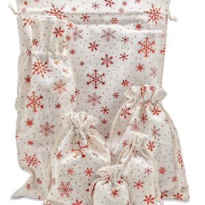 12-Pack 8x10 Reusable Cotton Canvas Muslin Gift Bags w. Drawstrings (Red Snowflakes, Large) - for Presents, Party Favors, Retail, Samples by TheDisplayGuys