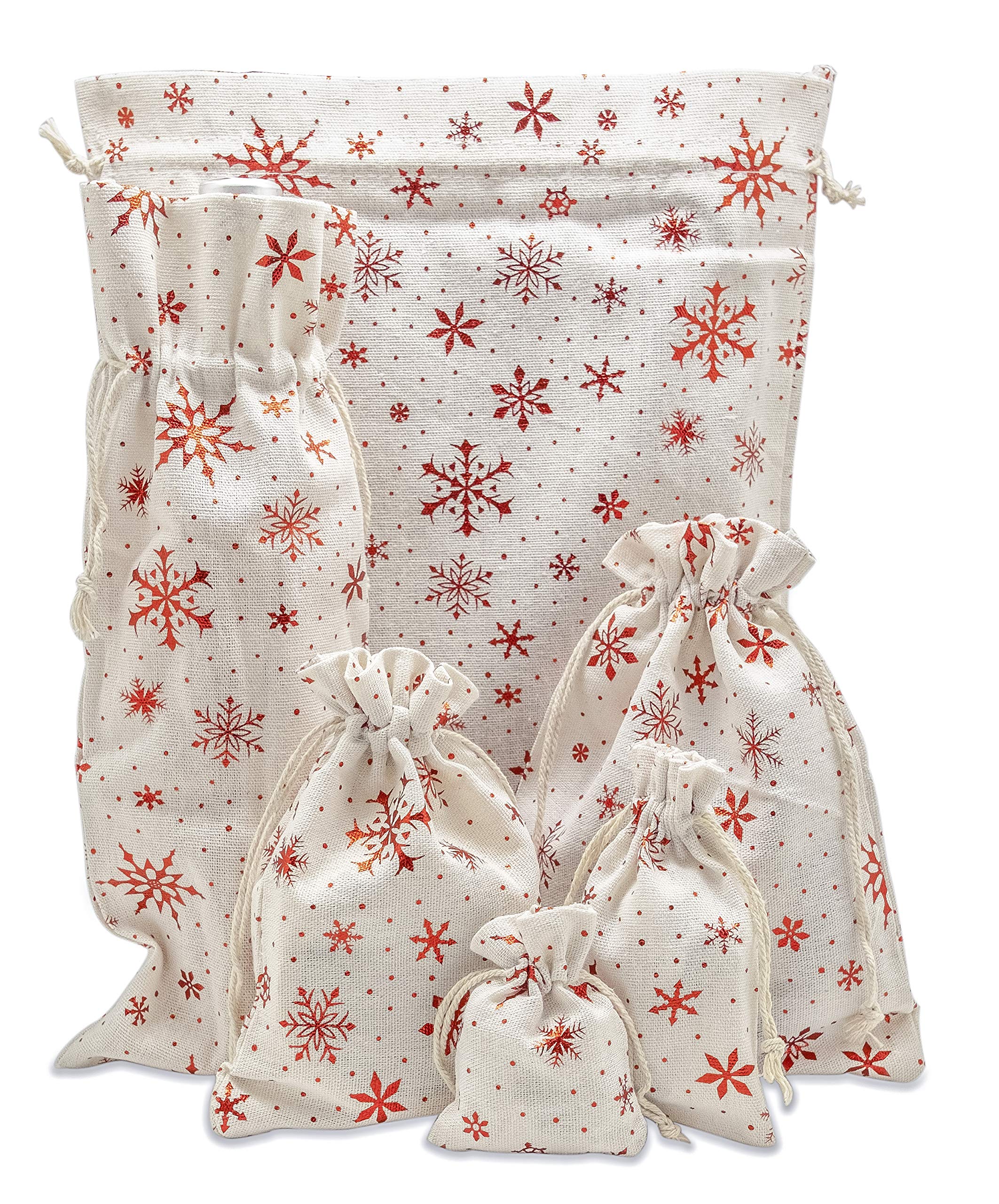 12-Pack 8x10 Reusable Cotton Canvas Muslin Gift Bags w. Drawstrings (Red Snowflakes, Large) - for Presents, Party Favors, Retail, Samples by TheDisplayGuys