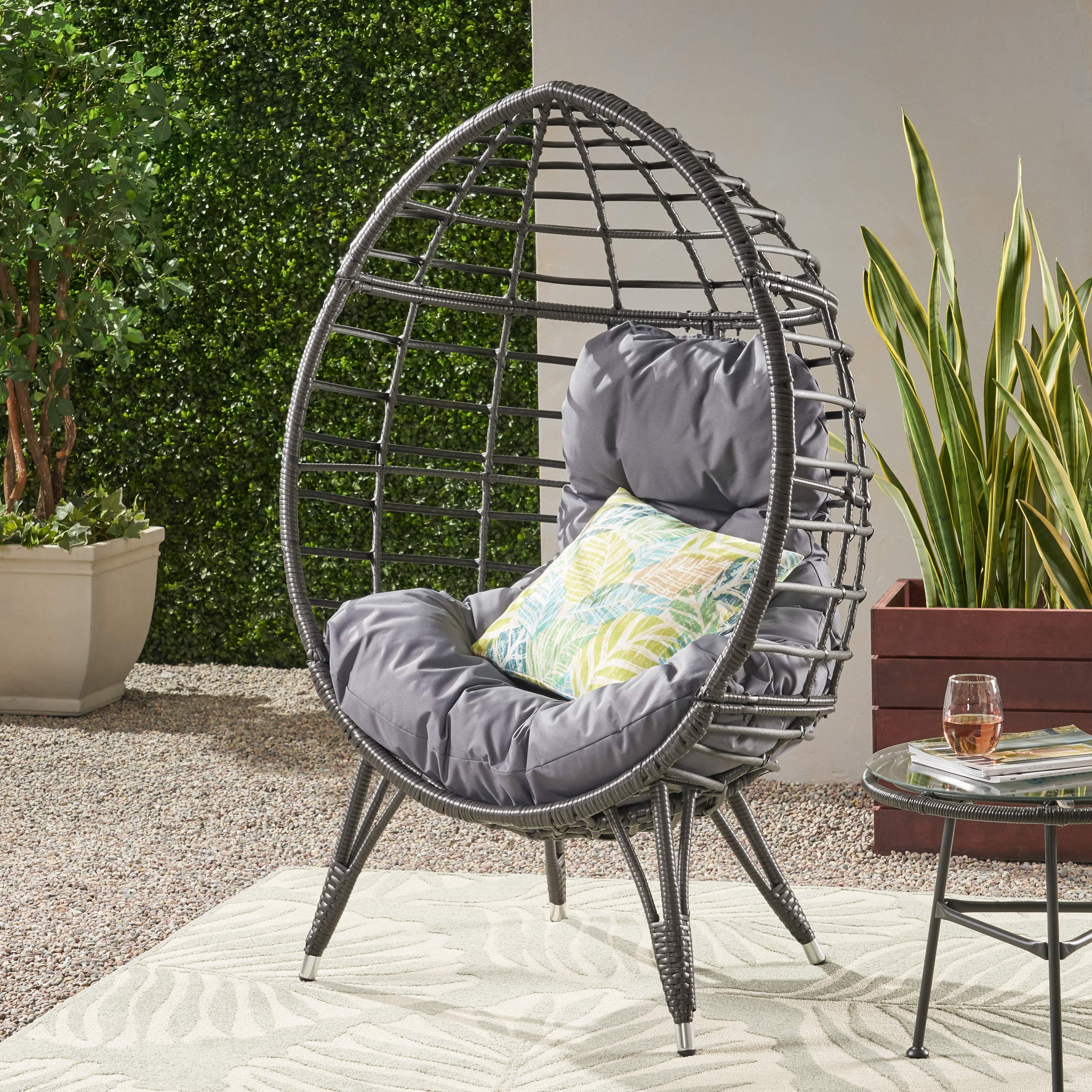 GDFStudio Valerie Outdoor Wicker Swing Chair with Cushion, Gray and Dark Gray