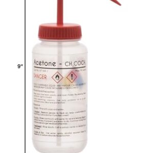 EISCO Wash Bottle for Acetone, 500ml - Labeled with Color Coded Chemical & Safety Information (4 Colors) - Wide Mouth, Self Venting, Low Density Polyethylene Labs